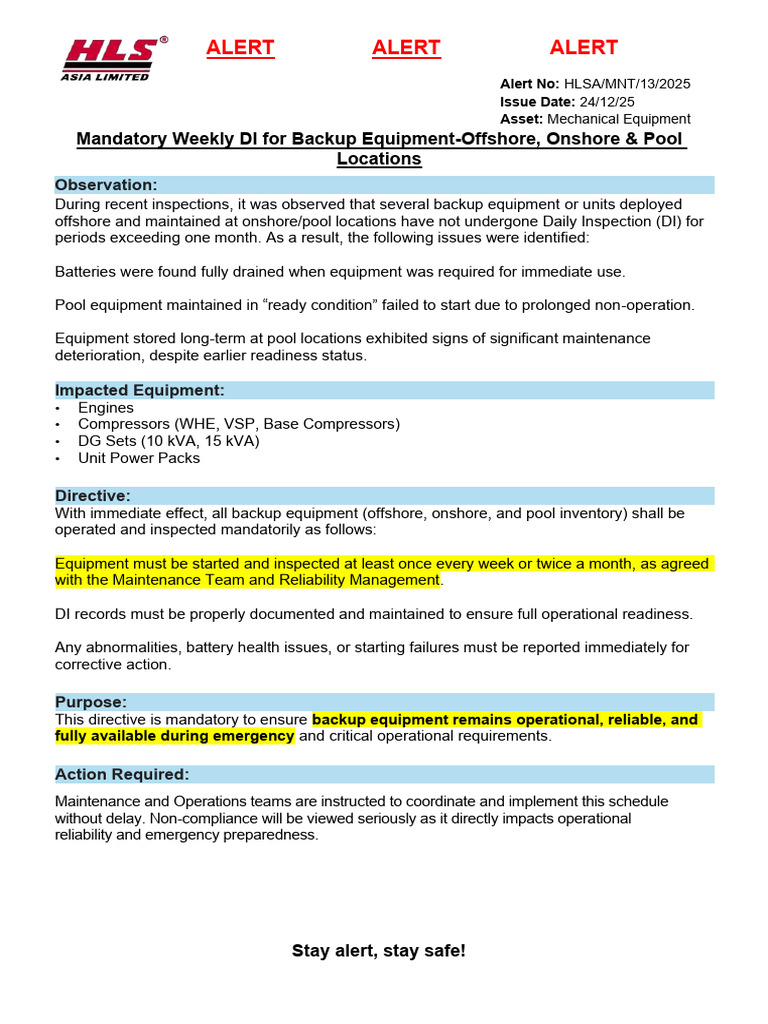 ALERT HLSA MNT 13 2025 Weekly DI Backup Equipment Dec 2025 | PDF