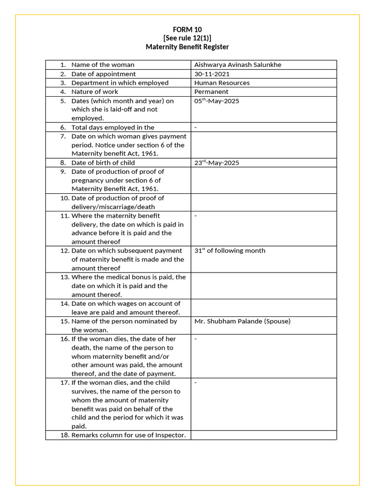 Maternity Benefit Register Form 10 | PDF