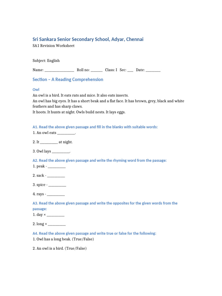 Owl Worksheet | PDF