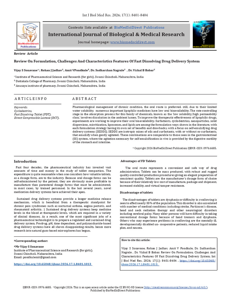 Review On Formulation, Challenges And Characteristics Features Of Fast ...