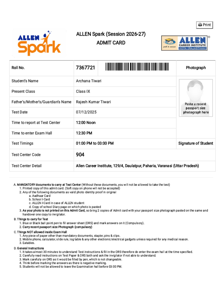 Admit Card - ALLEN Career Institute Pvt. Ltd. | PDF