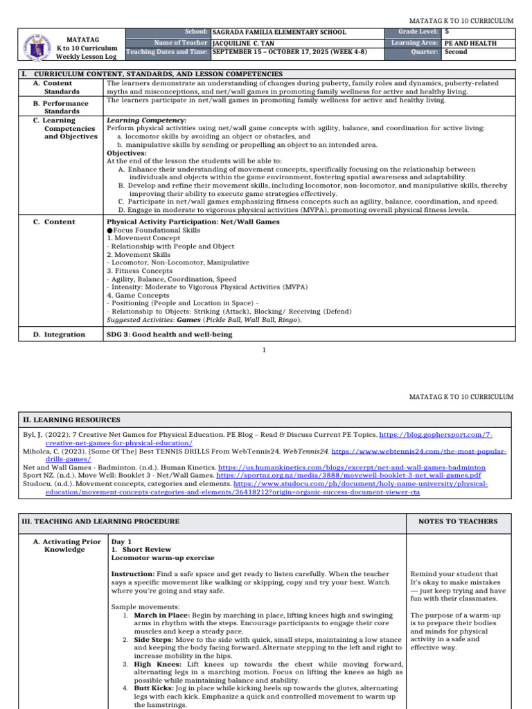 K-10 PE Weekly Lesson Plan: Net Games | PDF | Curriculum