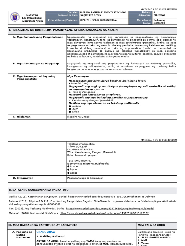 DLL Matatag - Filipino 5 q2 w6 | PDF