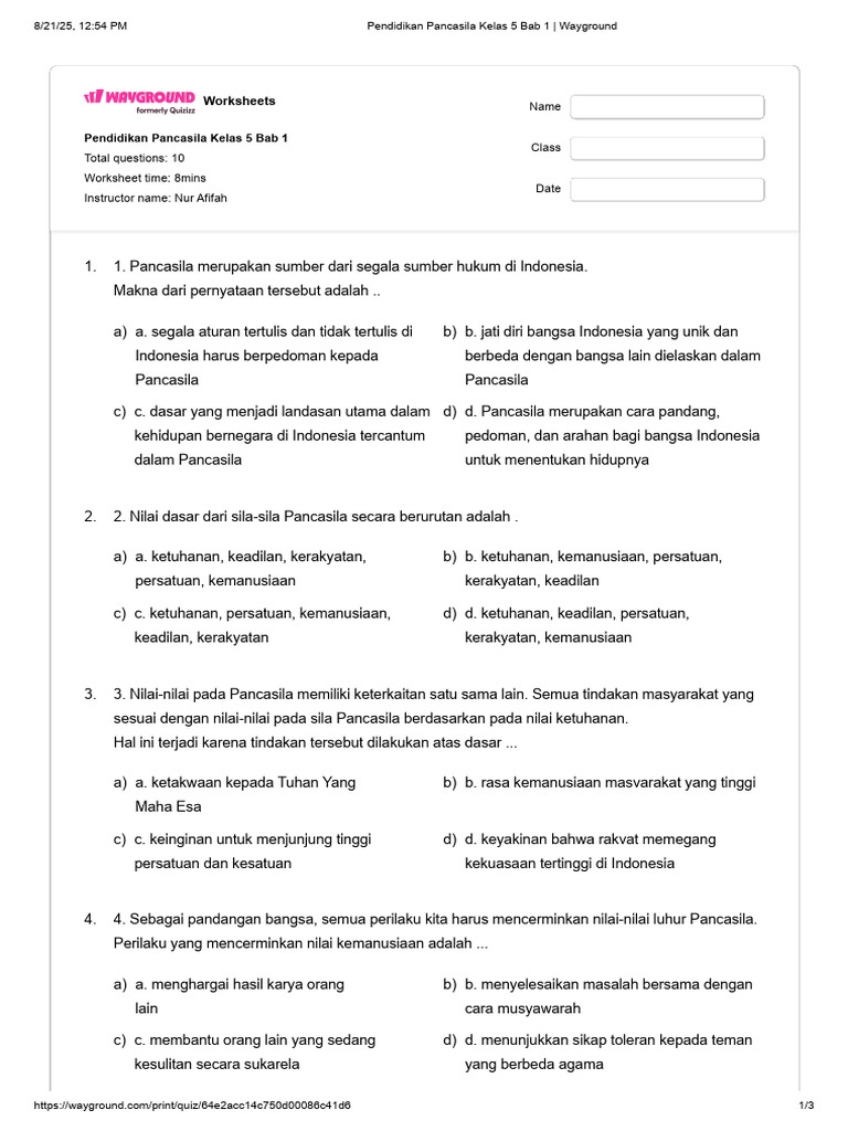 Worksheet Pancasila Kelas 5 Bab 1 | PDF