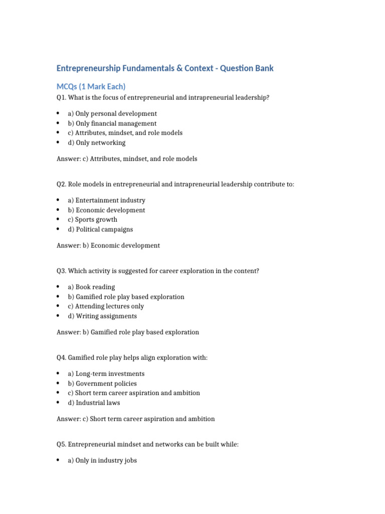 Entrepreneurship Fundamentals Question Bank | PDF | Entrepreneurship ...