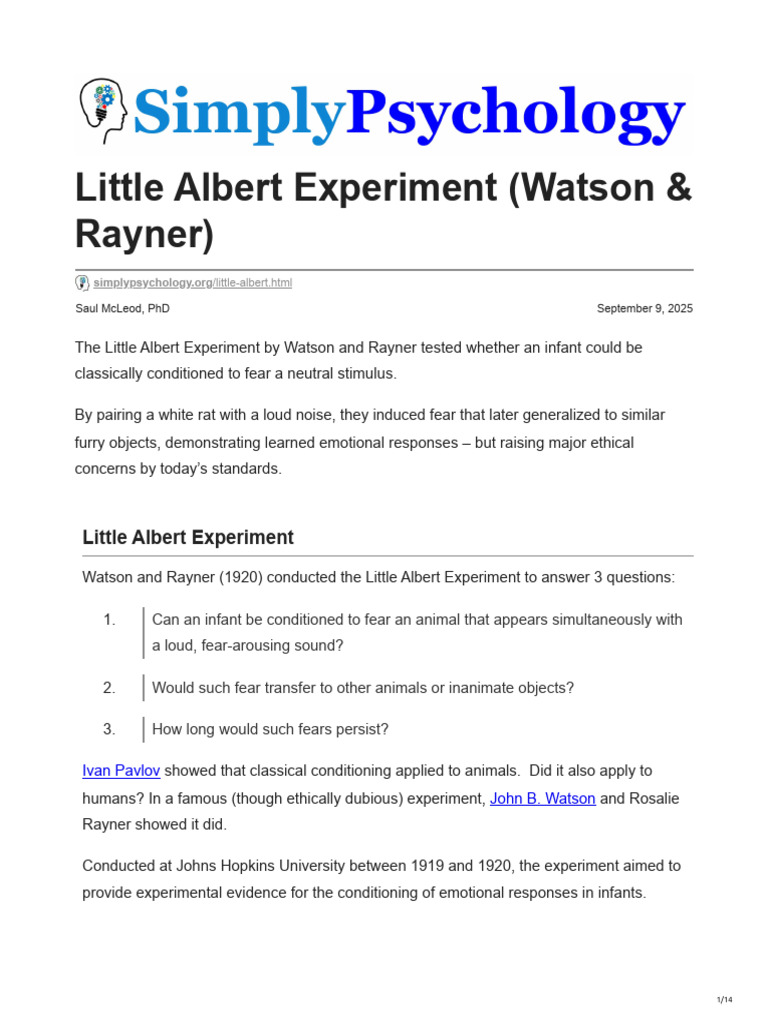 Little Albert Experiment Watson Amp Rayner | PDF | Classical ...