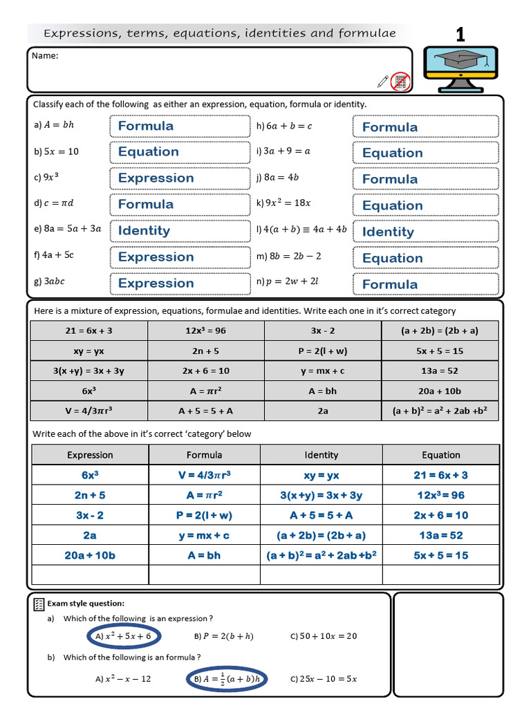 Expressions, Terms, Equations, Identities and Formulae (1) Answers ...