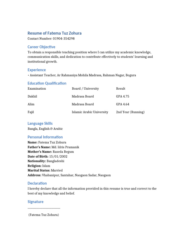 Fatema Tuz Zohura Resume | PDF