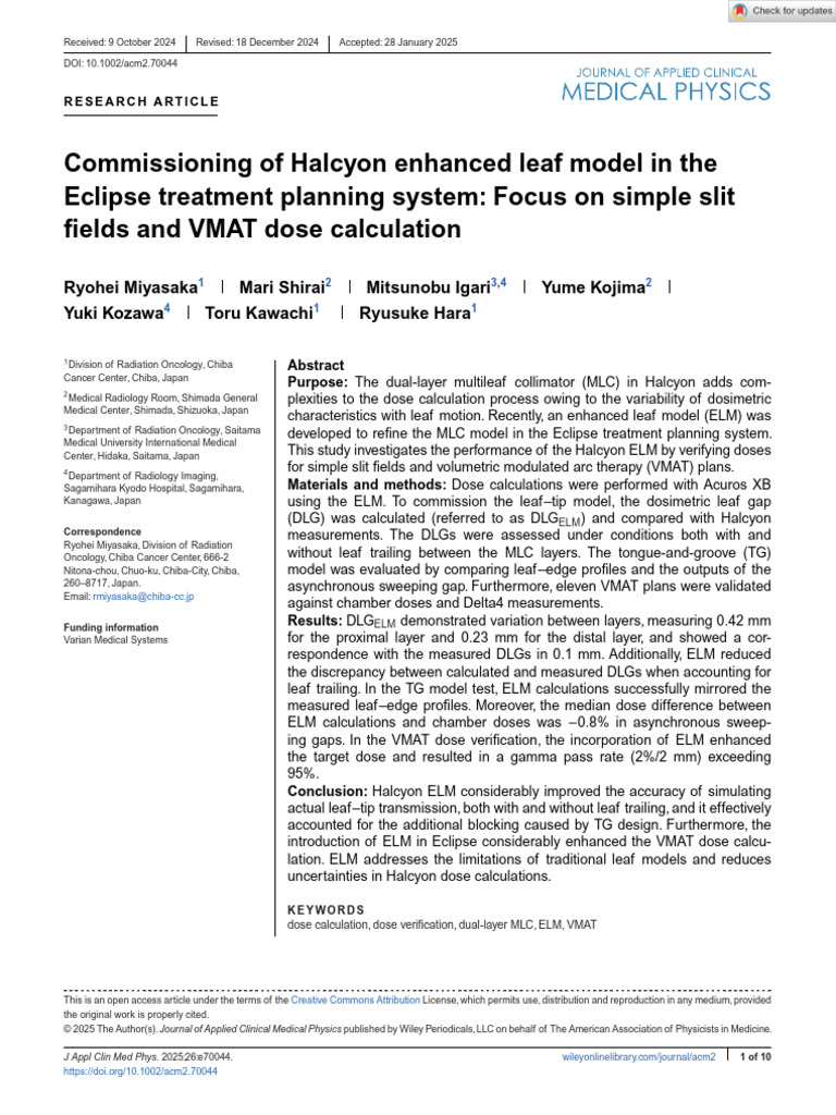 Commissioning of Halcyon Enhanced Leaf Model in The Eclipse Treatment ...