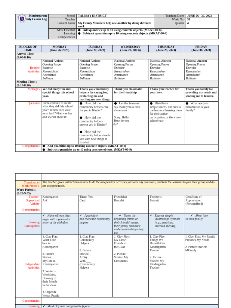 Talisay District Kindergarten DLL Melc q2 Week 39 | PDF | Teachers