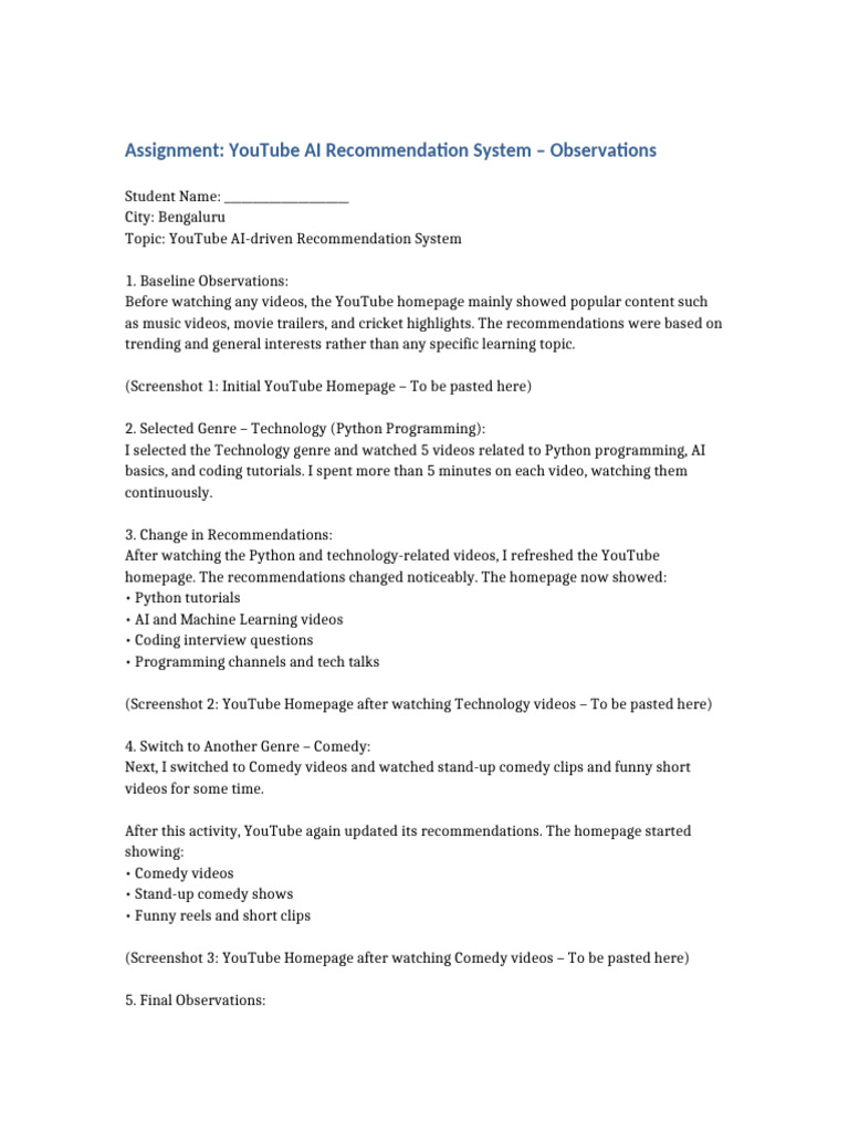 YouTube AI Recommendation Assignment Solution | PDF