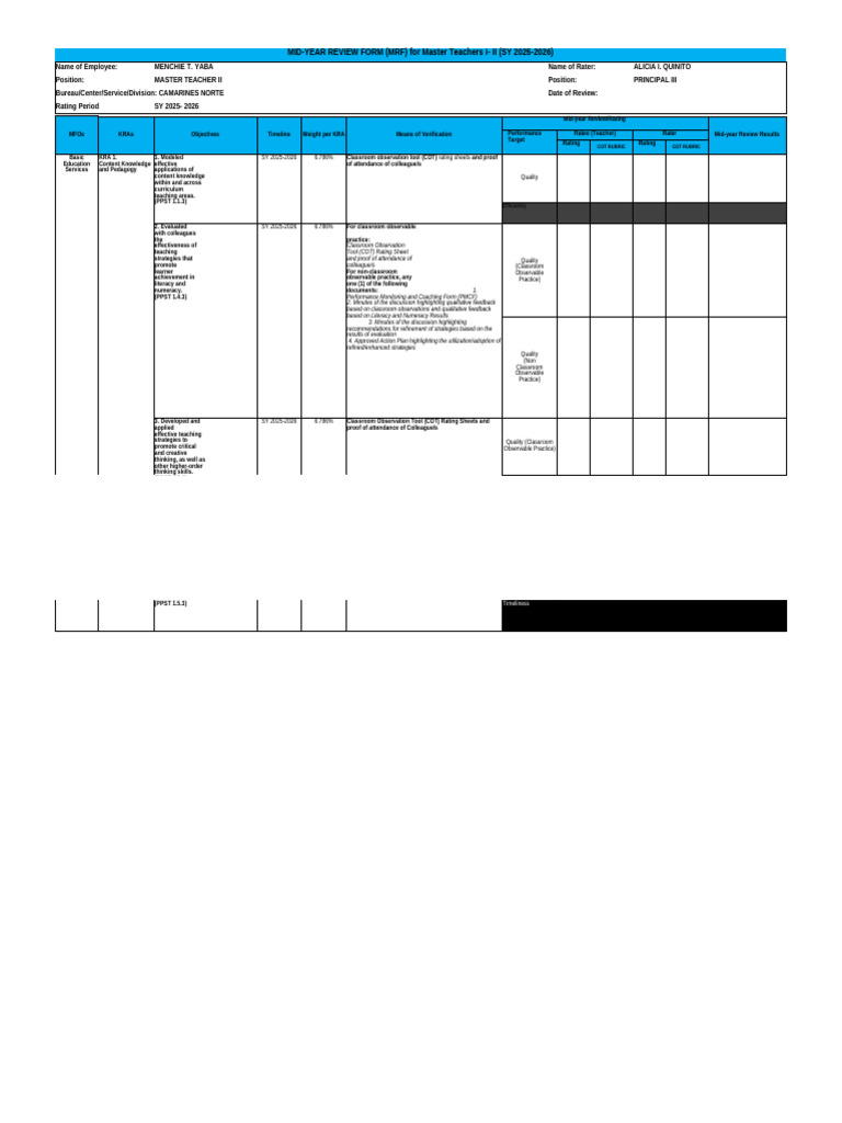 Mid-Year Review Form for Master Teachers | PDF | Educational Assessment ...