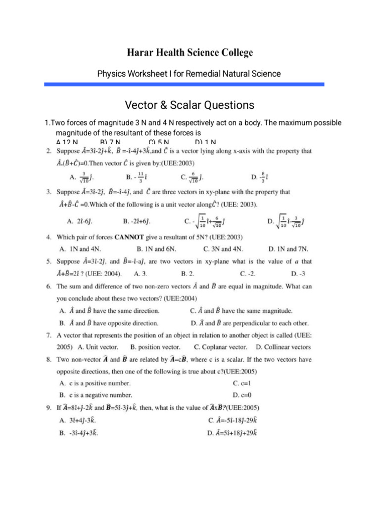 Remedial Physics Worksheet: Vectors & Scalars | PDF | Euclidean Vector ...