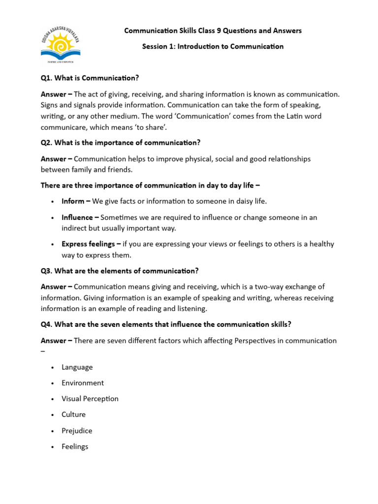 Communication Skills Class 9 Questions and Answers | PDF | Verb ...