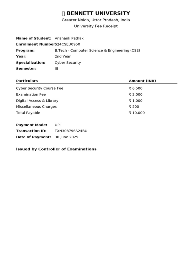 Bennett University Fee Receipt Vrishank Pathak Final | PDF