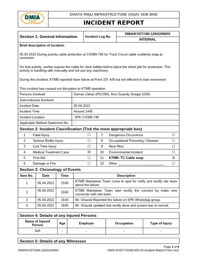 091 - Internal Incident Report - TC Cable Snap CH389.740 - 13.04.2022 ...