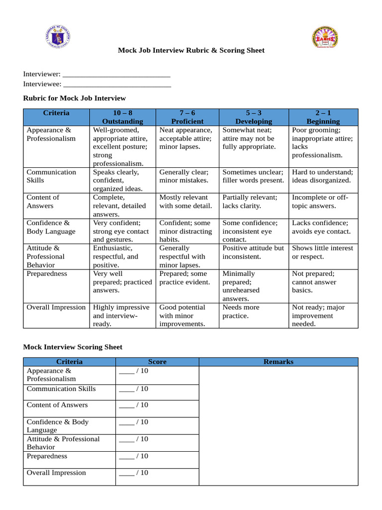 Mock Job Interview Scoring Rubric | PDF | Job Interview | Social Psychology