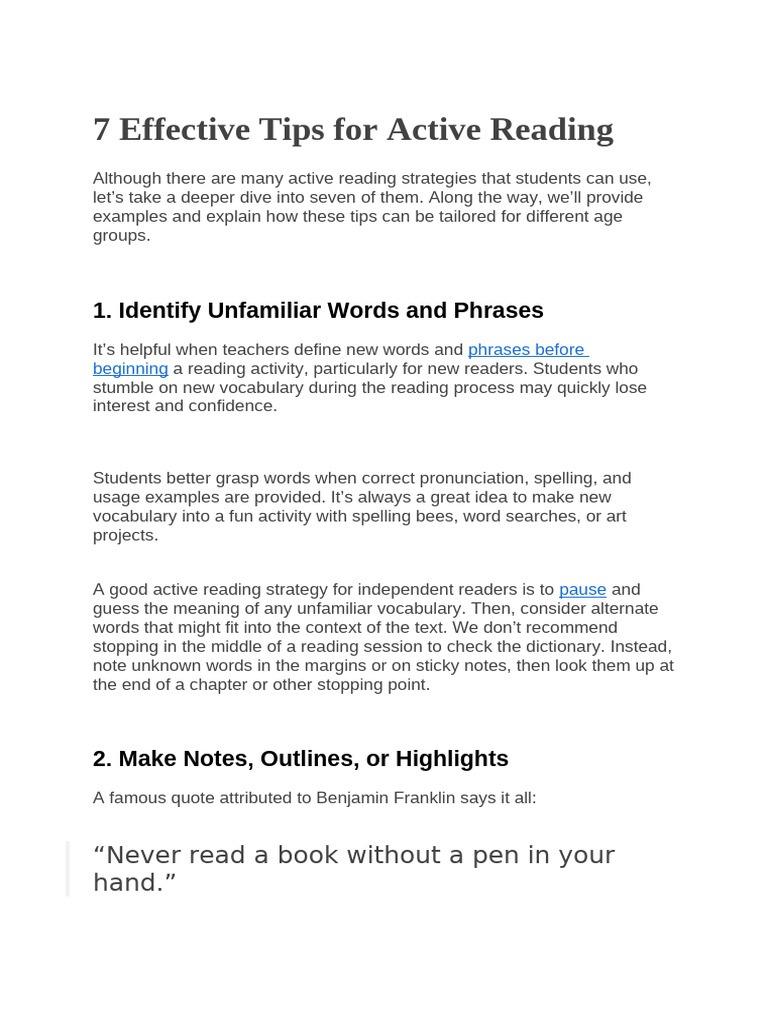 7 Tips for Effective Active Reading | PDF | Learning | Behavior ...