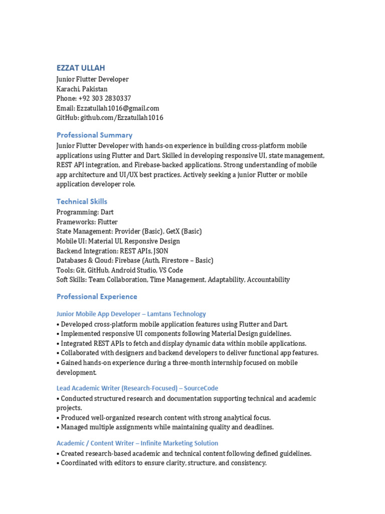 Ezzat Ullah Flutter ATS CV | PDF | Mobile App | Software
