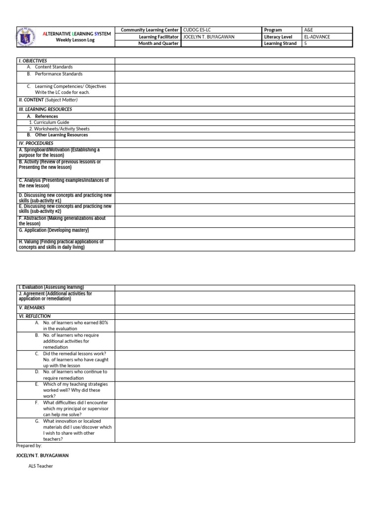 Weekly Lesson Log for ALS Program | PDF