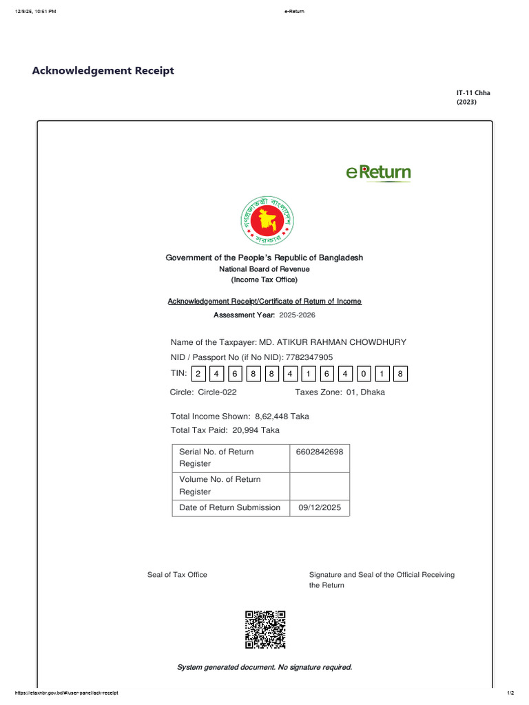 Income Tax Acknowledgement Receipt 2025 | PDF | Economies | Public Finance