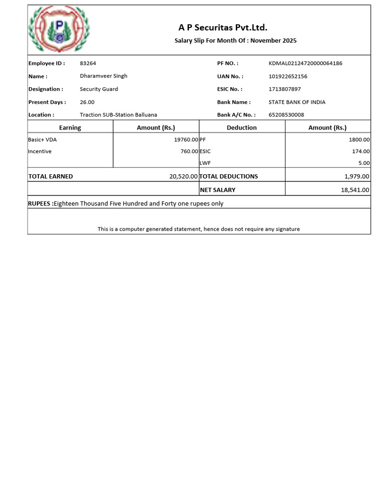 November 2025 Salary Slip for Employee | PDF