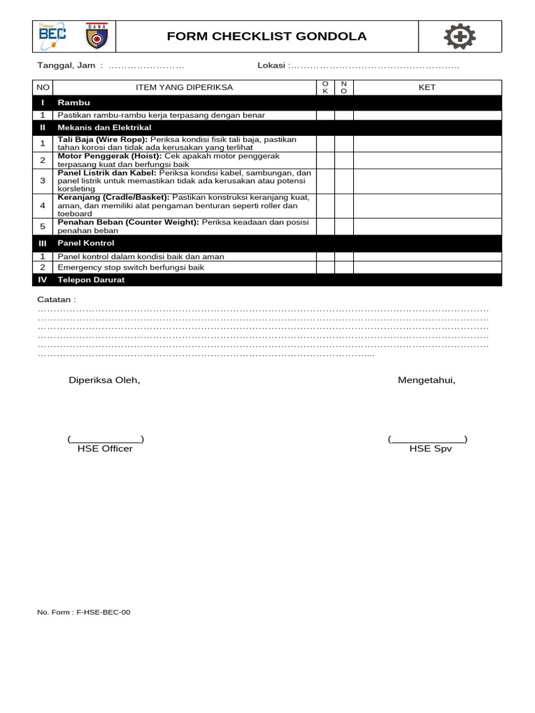Checklist Pemeriksaan Gondola HSE | PDF