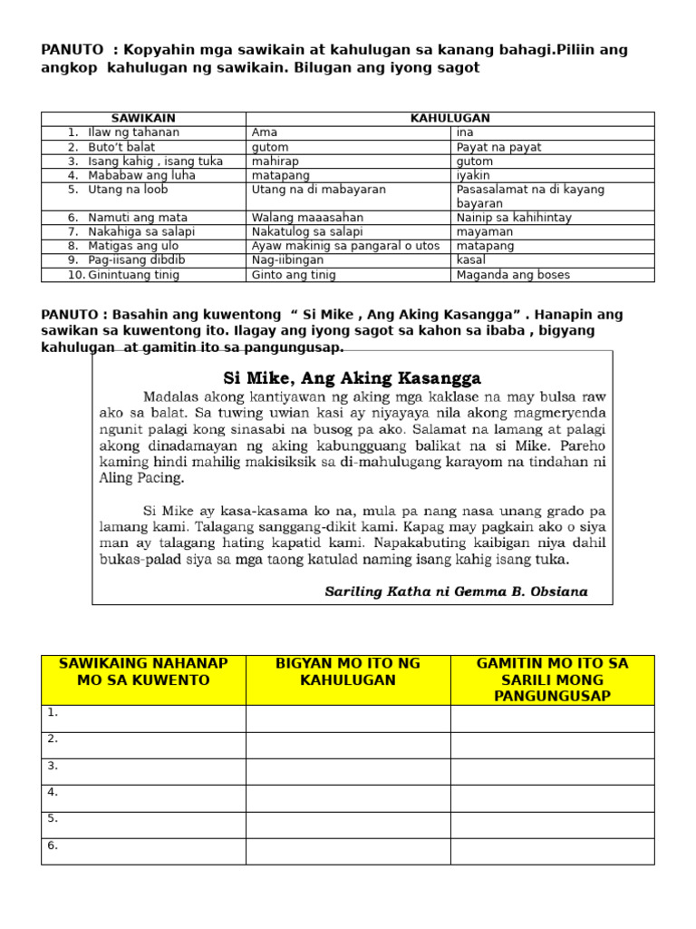 Sawikain Work Sheet | PDF