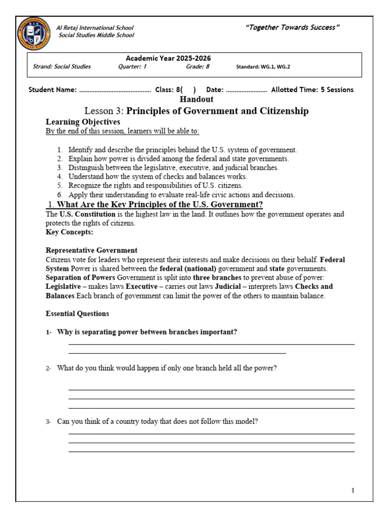 U.S. Government Principles for Grade 8 | PDF | Citizenship | Separation ...