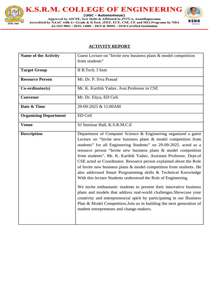 Invite New Business Plans & Model Competition From Students" | PDF