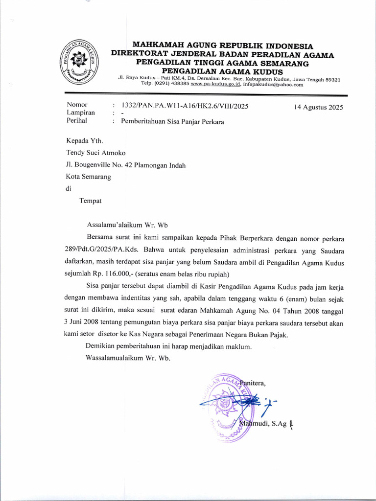 Pemberitahuan Sisa Panjar an Tendy 289 | PDF