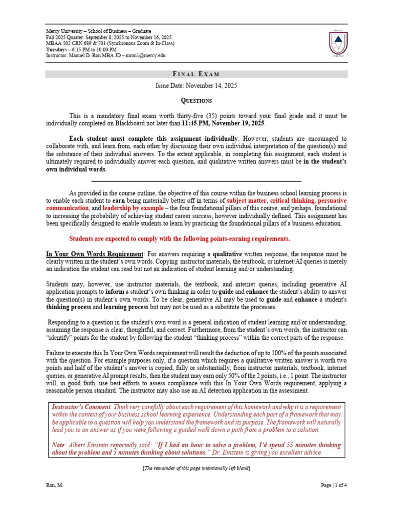 MBAA 502 CRN 689 701 FQ25 - Final | PDF | Expense | Artificial Intelligence