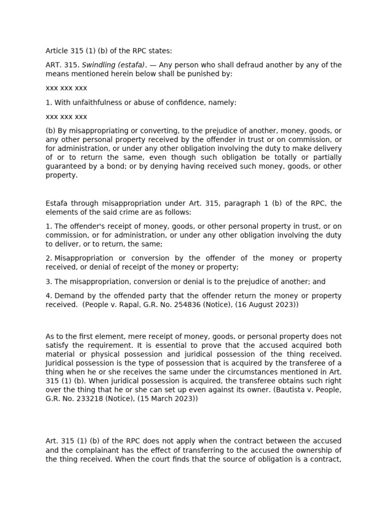 Estafa by Misappropriation Explained | PDF | Common Law | Private Law