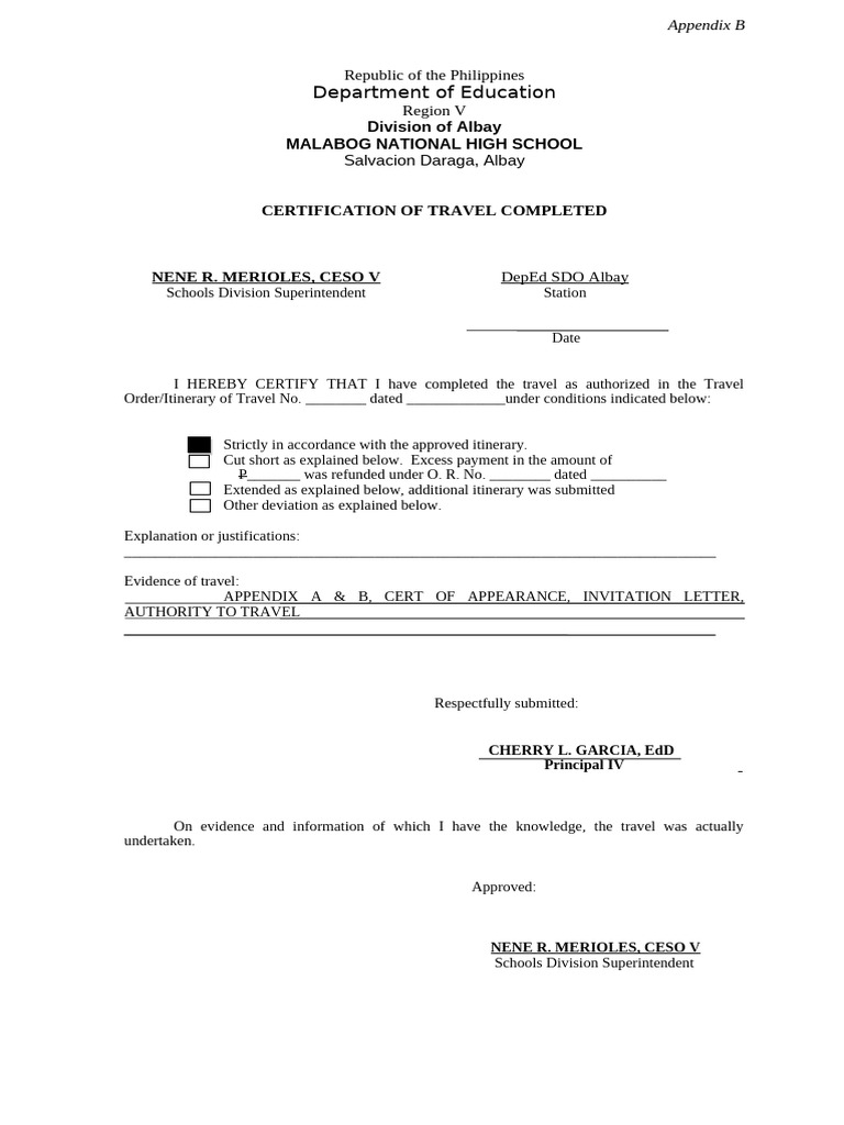 Travel Completion Certification Form | PDF