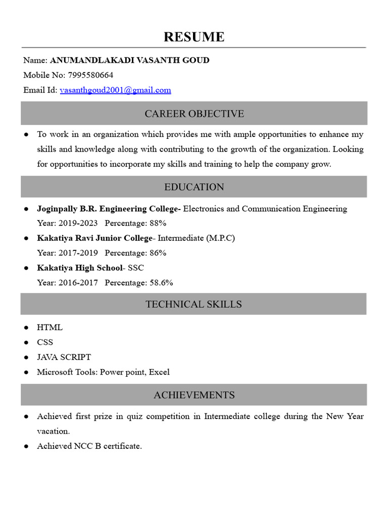 Vasanth Goud's Resume Overview | PDF