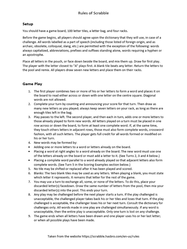 Scrabble Game Rules and Scoring Guide | PDF | Linguistics