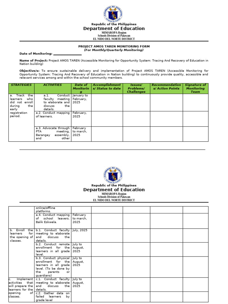 Project AMOS TAREN Monitoring Form | PDF