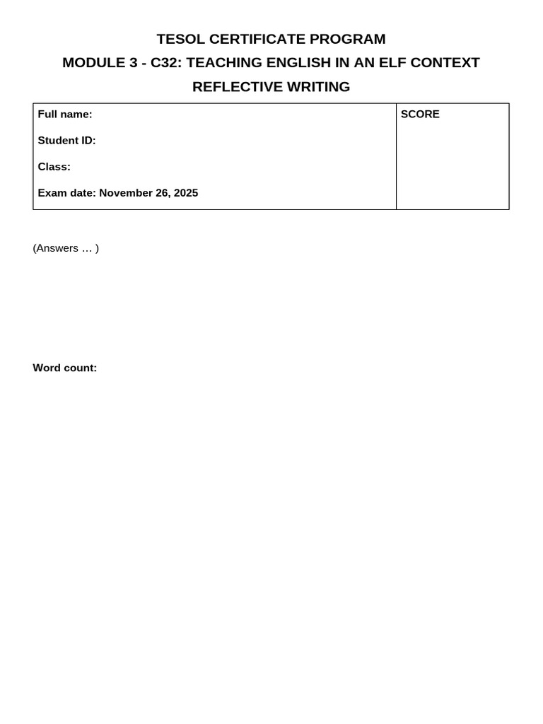 TESOL M3 - Template for Reflective Writing | PDF