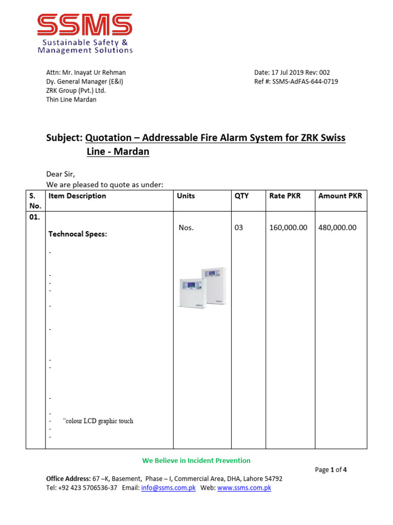 Fire Alarm System Quotation for ZRK Group | PDF | Electronics