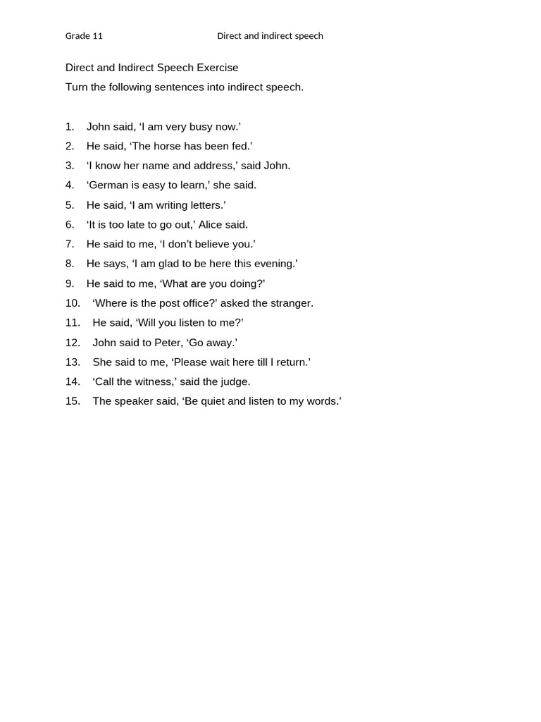 Direct and Indirect Speech Exercise | PDF