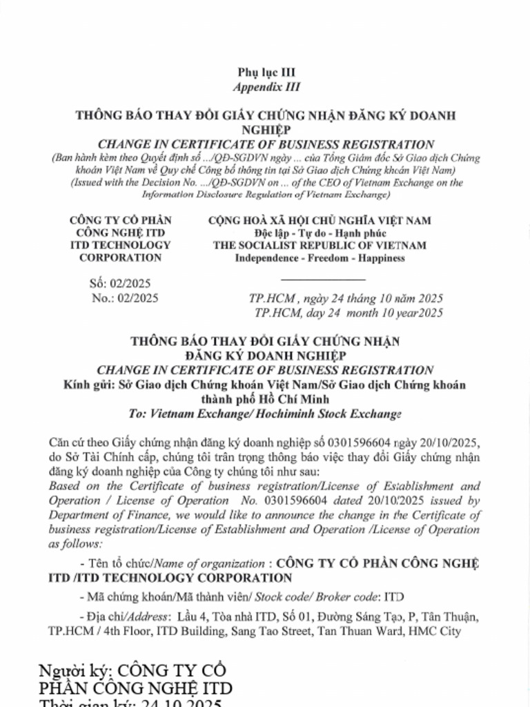 20251024 ITD Thong Bao Thay Doi Giay Phep DKKD Tang Von.signed | PDF