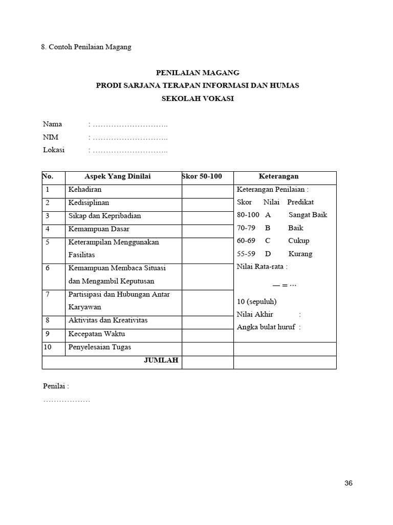 Contoh Penilaian Magang Prodi Humas | PDF