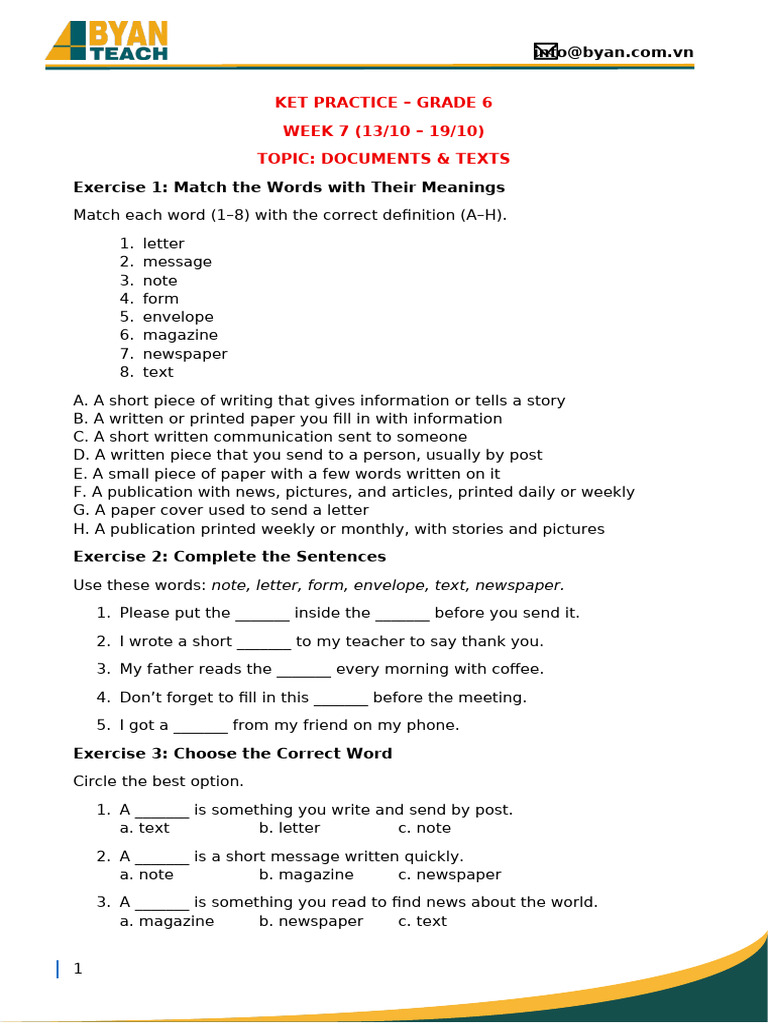 KET Practice Grade 6: Documents & Texts | PDF