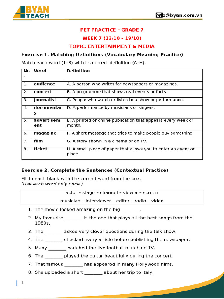 Pet 7 - Vocabulary Practice - Worksheet - Week 7 | PDF | Entertainment