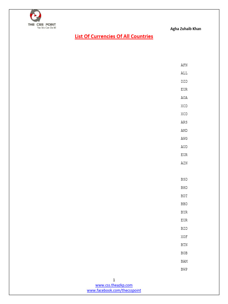 List of World Currencies by Country | PDF | Economy Of Asia ...