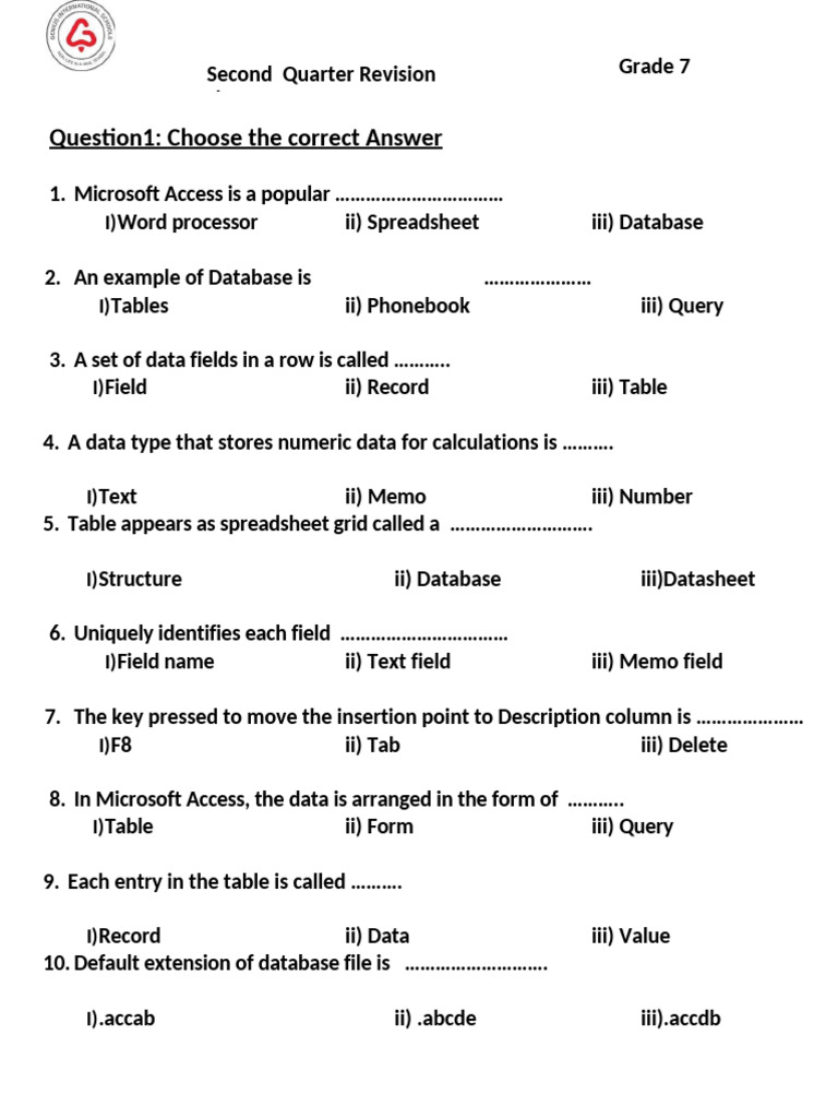 Grade 7 Microsoft Access Exam Revision | PDF | Relational Database ...