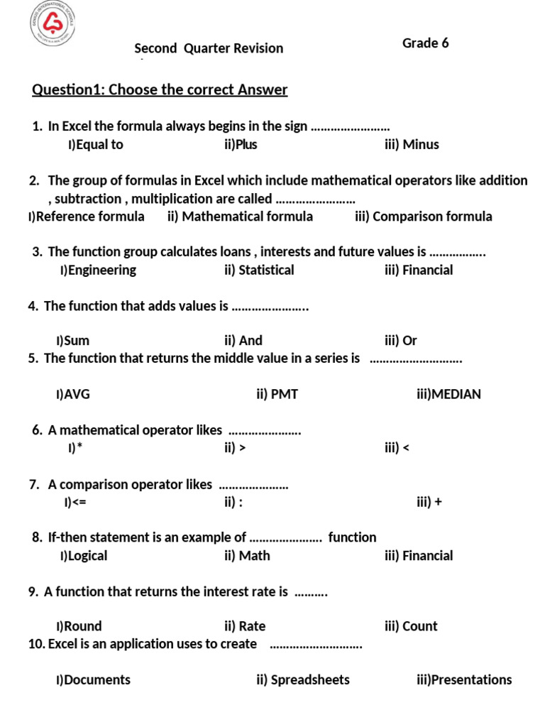 Grade 6 Excel Revision Exam Questions | PDF | Mathematics | Arithmetic