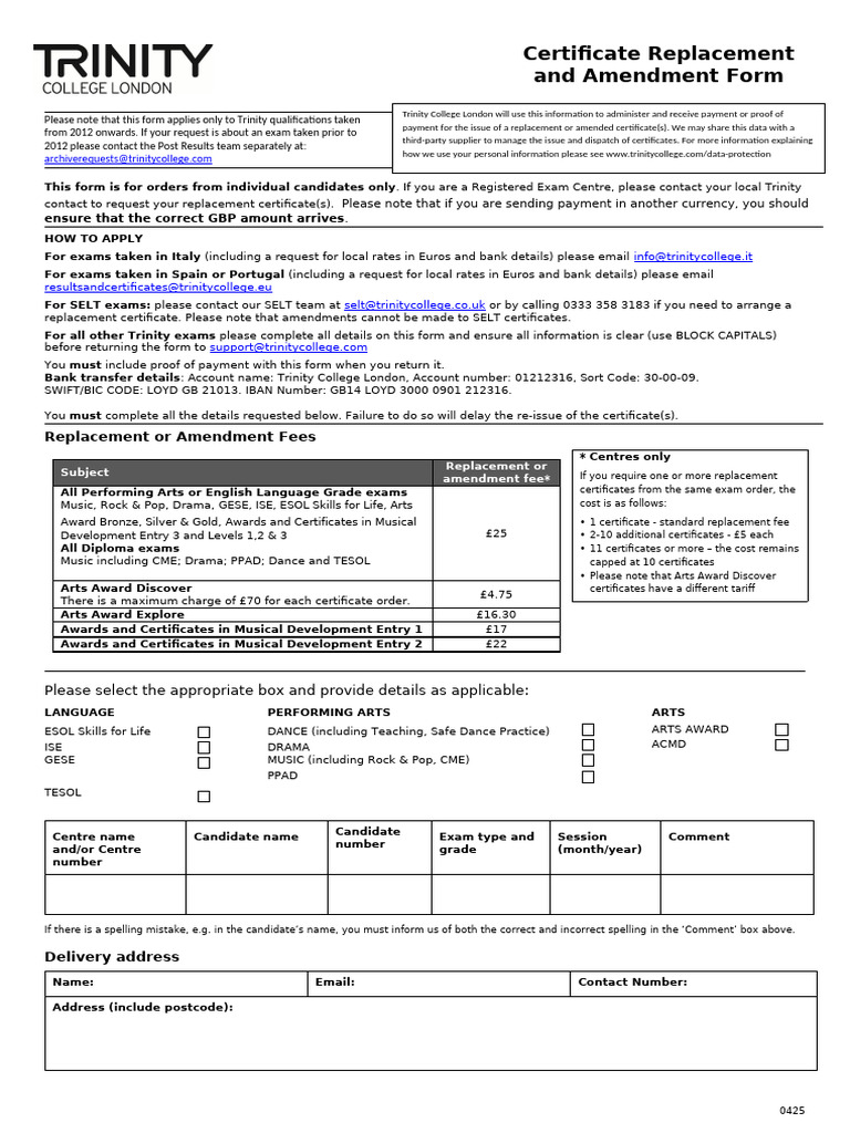 Trinity Certificate Replacement Request Form | PDF