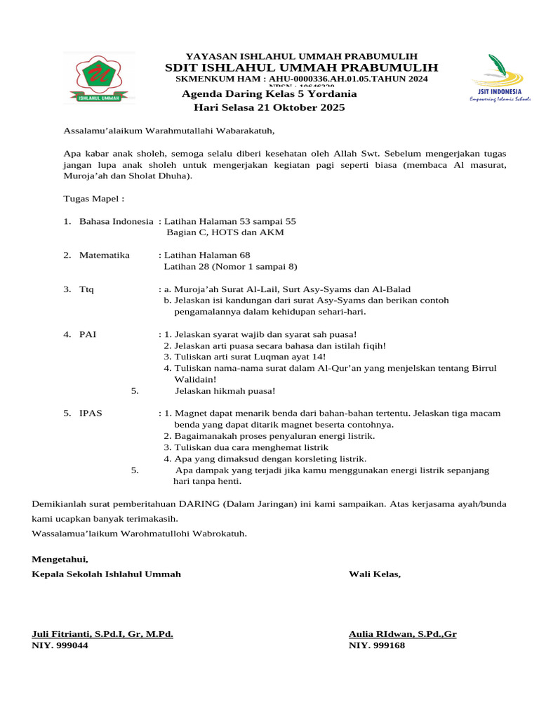 Agenda Daring Kelas 5 Evril Dan Ridwan | PDF