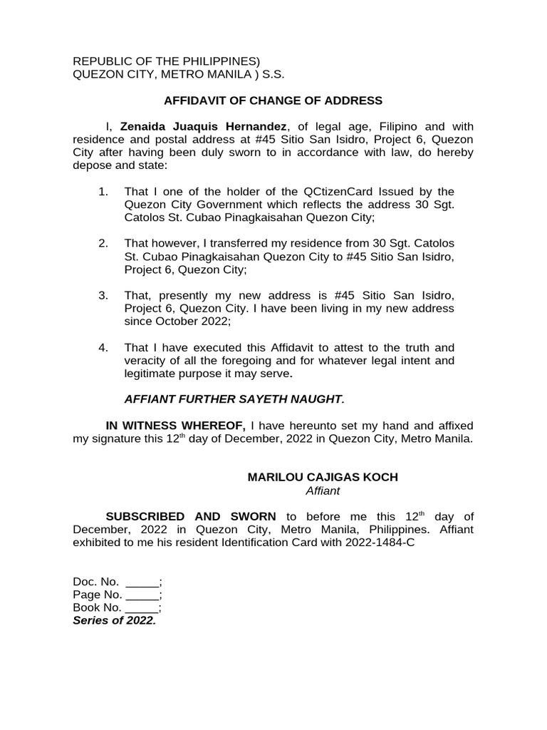 Affidavit of Change of Address in QC | PDF